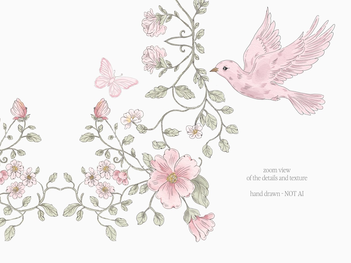 Hand Drawn Vintage Line Art and Lace Doily Blush Floral Clipart Set ...