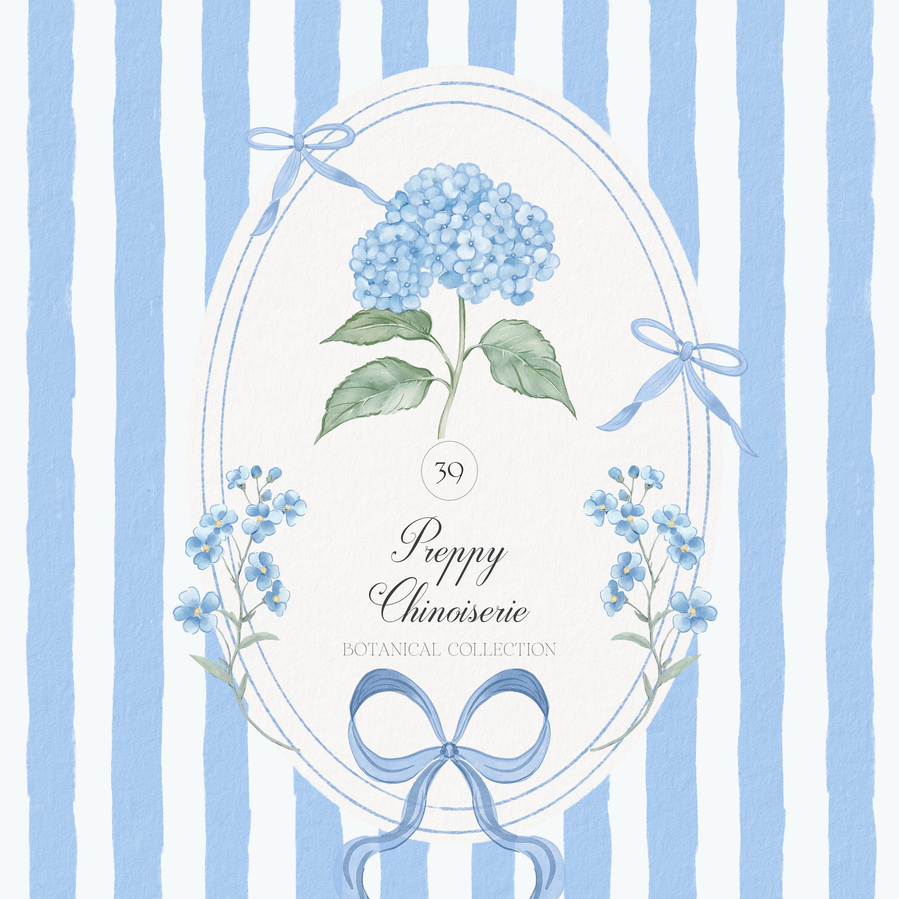 Watercolor Blue Preppy Chinoiserie Clipart Collection - Blue Hydrangea ...