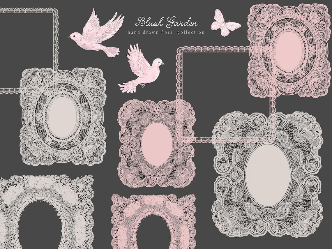 Hand Drawn Vintage Line Art and Lace Doily Blush Floral Clipart Set ...