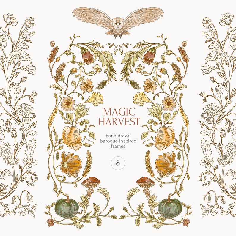 Hand Drawn Baroque Inspired Harvest Autumn Frames - Hand Drawn Clipart ...