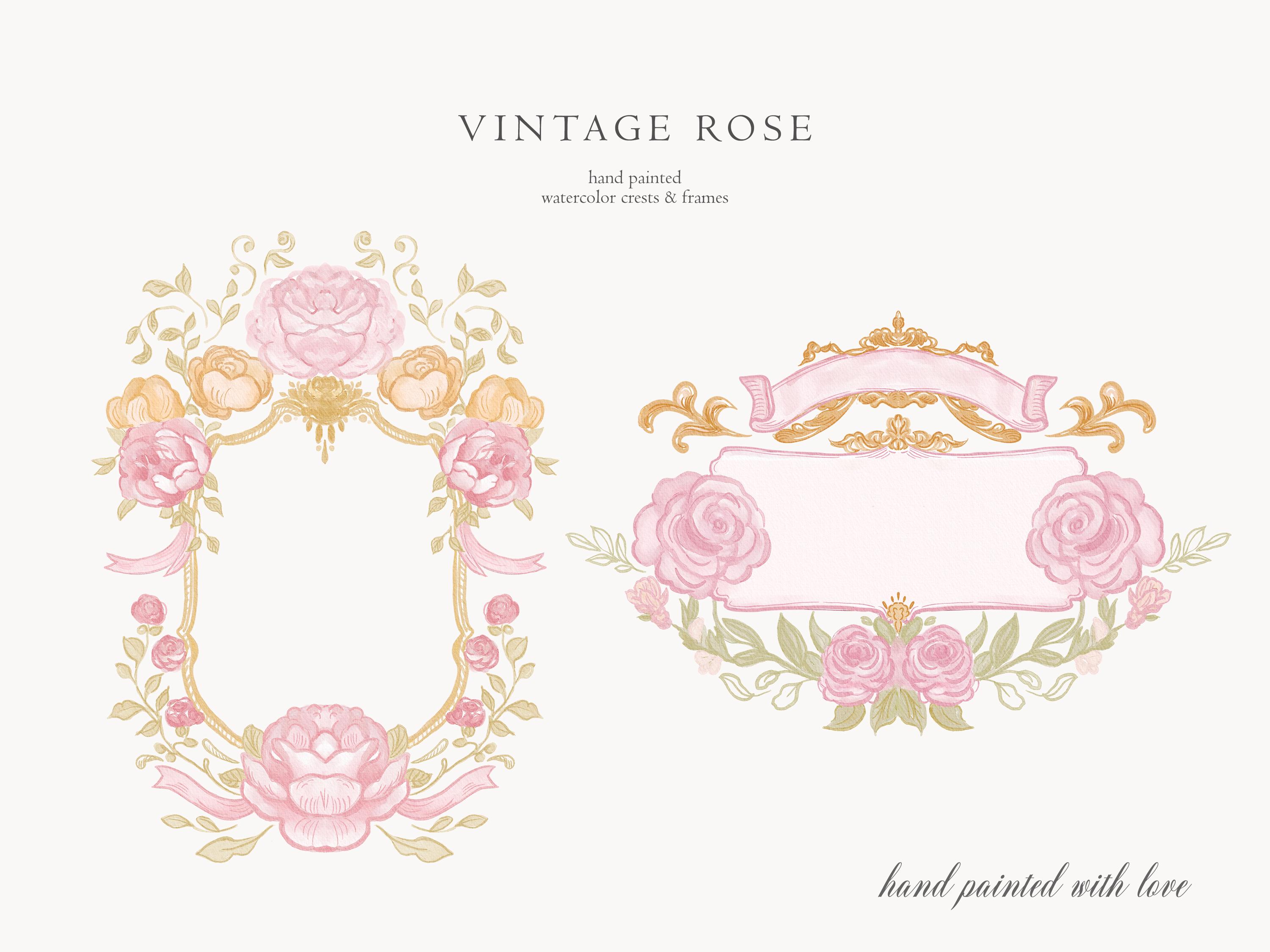 Watercolor Hand Painted Vintage Crests - Rococo Style Dusty Rose Crests ...