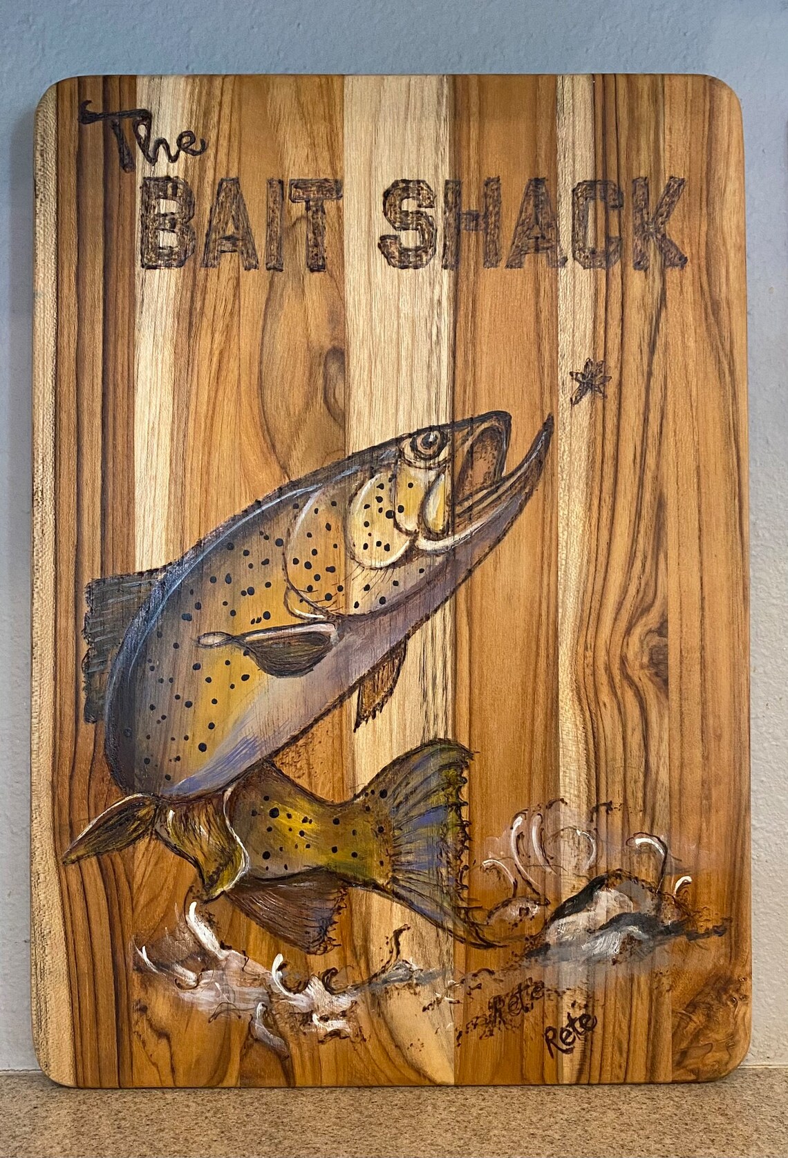 Teak, Wood Burned, Hand Painted, Trout Fish, Cutting Board. A Great ...