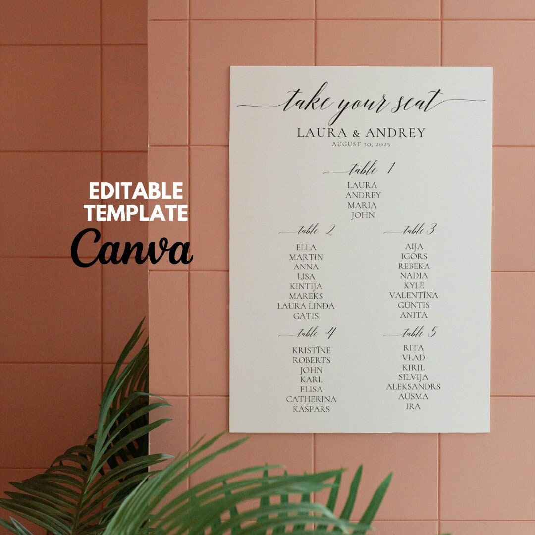 Minimalist Wedding Seating Chart Template, Wedding Table Numbers ...