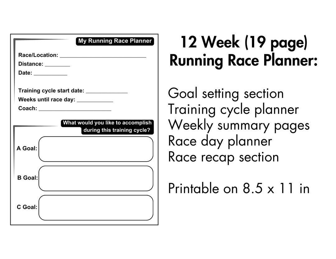 Printable 12-week Running Training Cycle and Race Day Planner plain ...