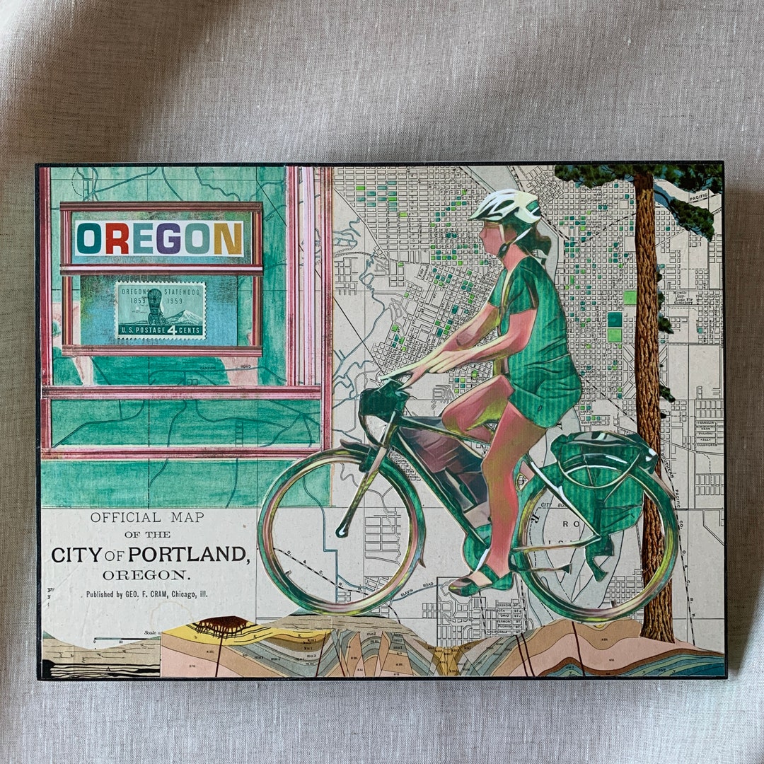 Cycling in Portland, Oregon - Collage Art Made W/ Genuine 1888 Map of ...