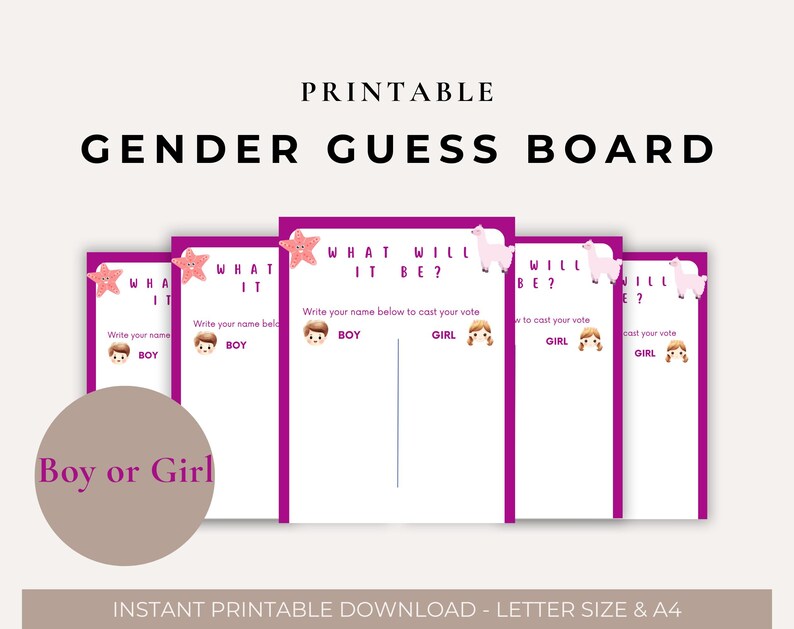 Babyshower Magenta Gender Guess Board Printable BBS3 Baby Gender Reveal ...