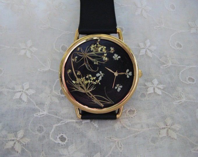 Womens Watch Jewelry Black Wrist Watch With Queen Anne Lace and Leather ...