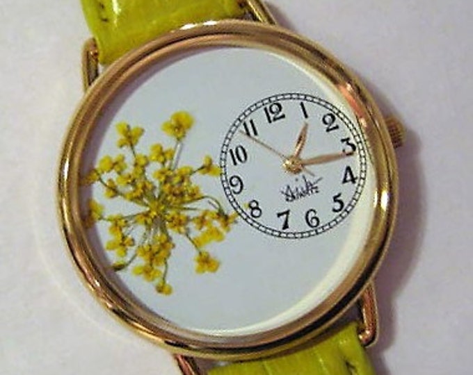 Womens Watch, Pressed Flower Watch, Yellow Wrist Watch With Queen Anne ...