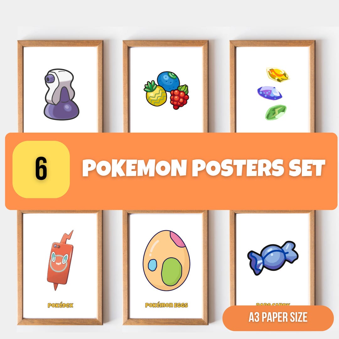 Pokemon Item Poster Set 6 A3 Printable Wall Art Designs Fun Decor for ...