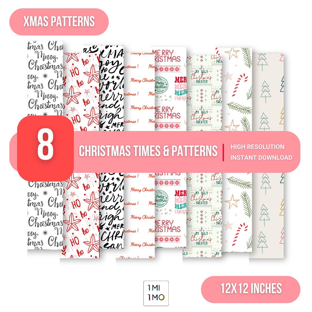8 Christmas Patterns 12x12 Digital Paper Pack Merry Christmas and ...