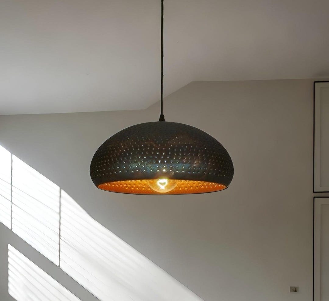 Pierced Dome Pendant Light Over Kitchen Island, Black Dome Light, Metal ...