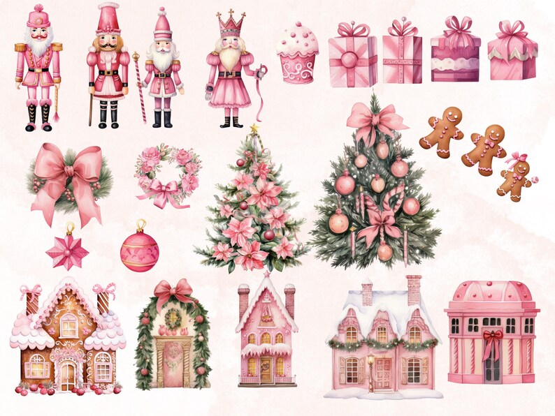 Pink Christmas Watercolor Clipart Bundle Pink Christmas PNG Pastel ...