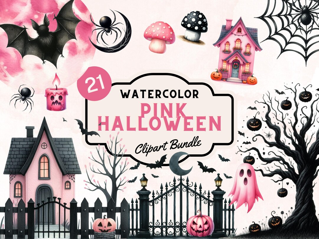 Watercolor Pink Halloween Clipart, PNG, Pink Pumpkins, Halloween Party ...