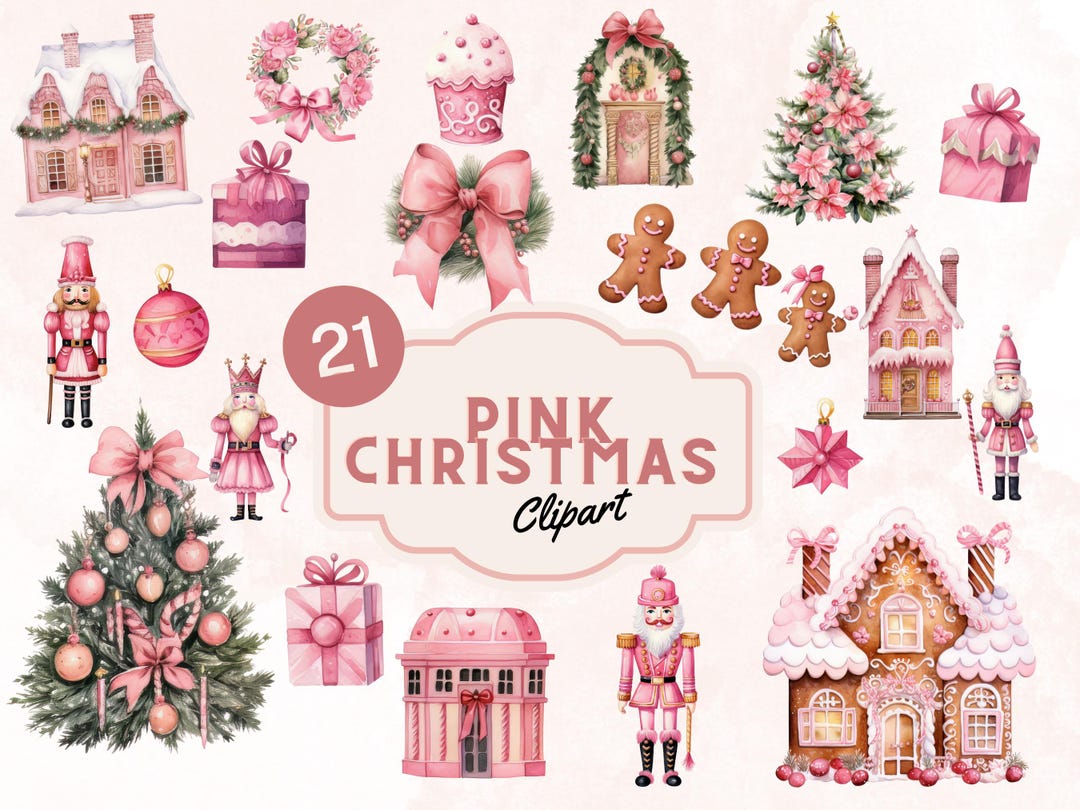 Pink Christmas Watercolor Clipart Bundle Pink Christmas PNG Pastel ...