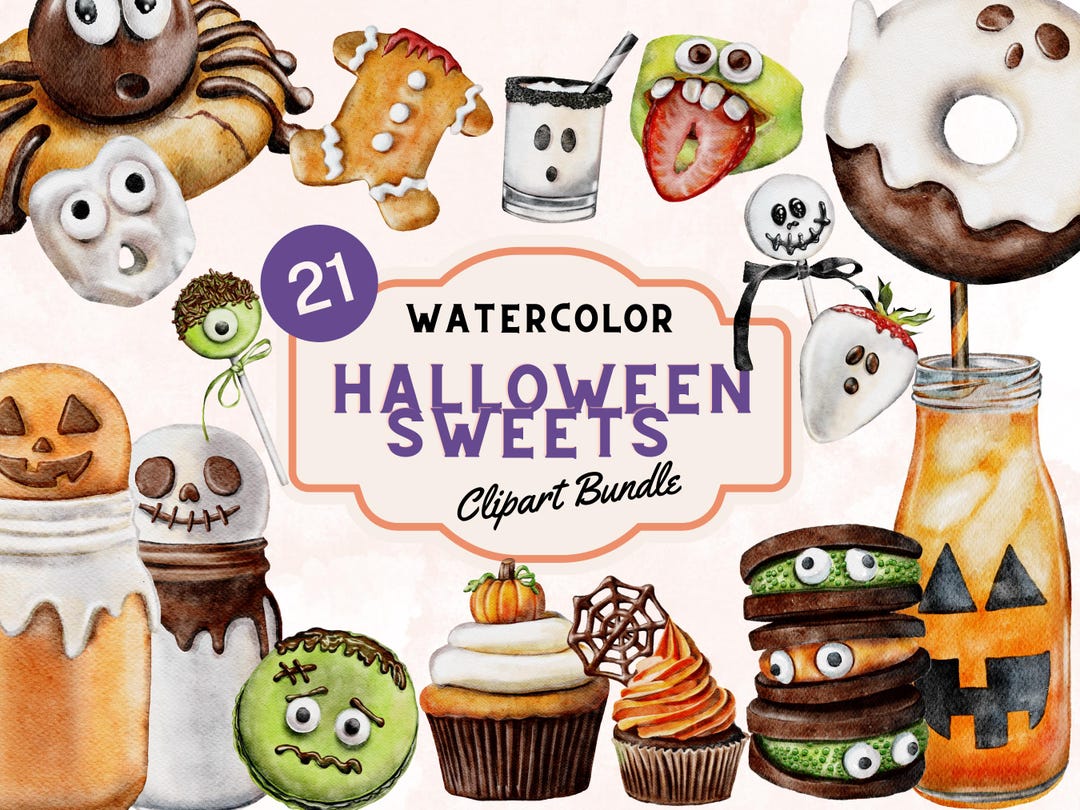 Halloween Sweets Clipart Set Watercolor Trick or Treat Clipart Creepy ...