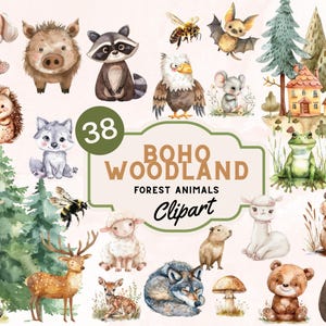 Boho Woodland Animals Watercolor Clipart Forest Animals Clip Art Fox ...