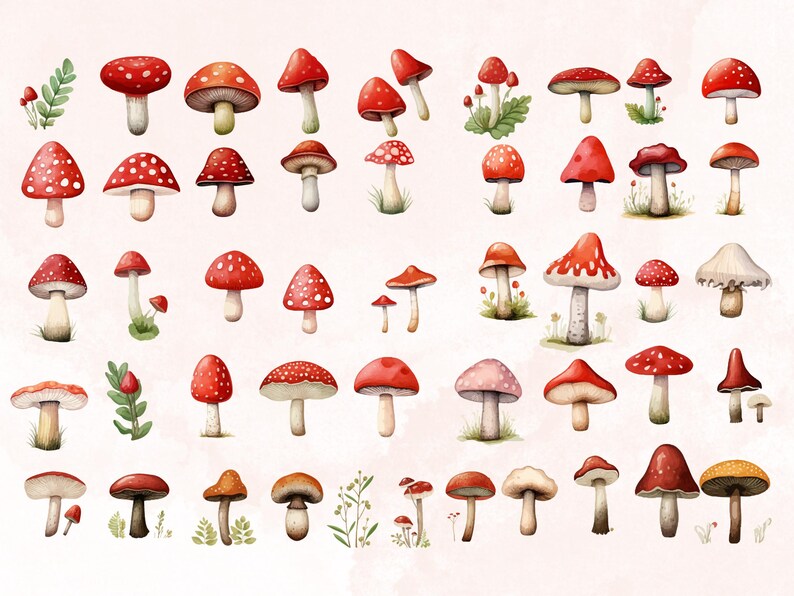 Red Mushroom Watercolor Clipart | Woodland Mushrooms Clip Art | Forest ...