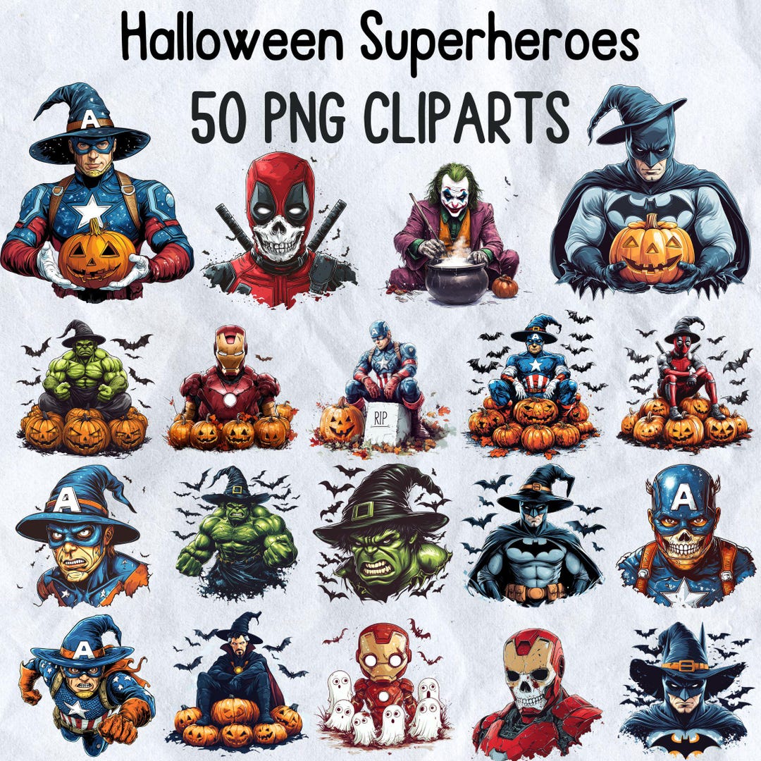 50 Halloween Superheroes PNG Cliparts for Sublimation, Transparent ...