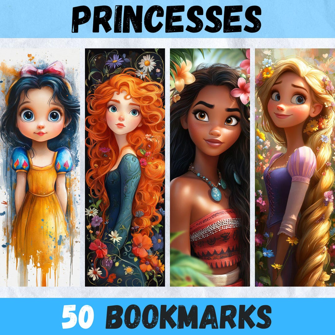 50 Cartoon Princess Bookmarks for Printing, PDF Cartoon Princess ...