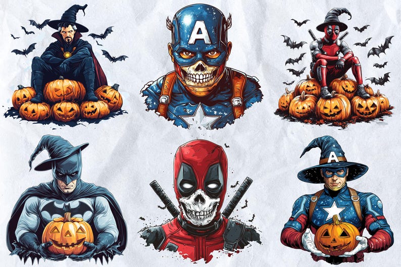 50 Halloween Superheroes PNG Cliparts for Sublimation, Transparent ...