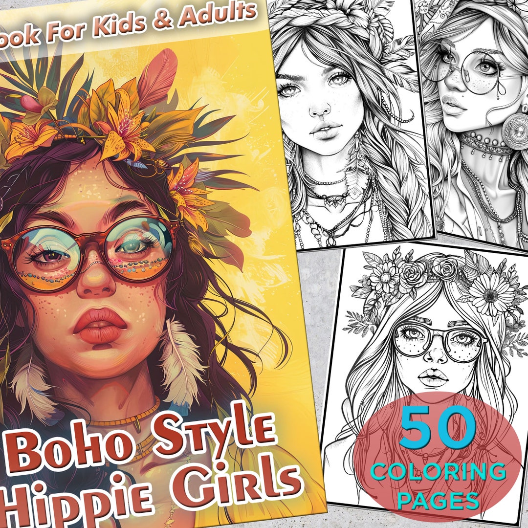 50 Boho Style Hippie Girls Printable Coloring Pages, Boho Coloring Book ...