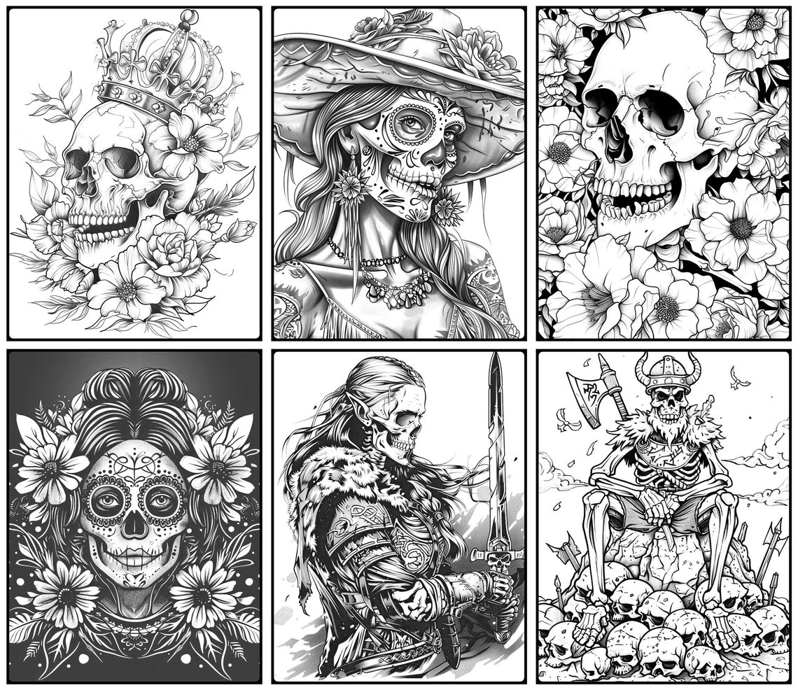 50 Skulls and Bones Printable Coloring Books Coloring Book With Horror ...