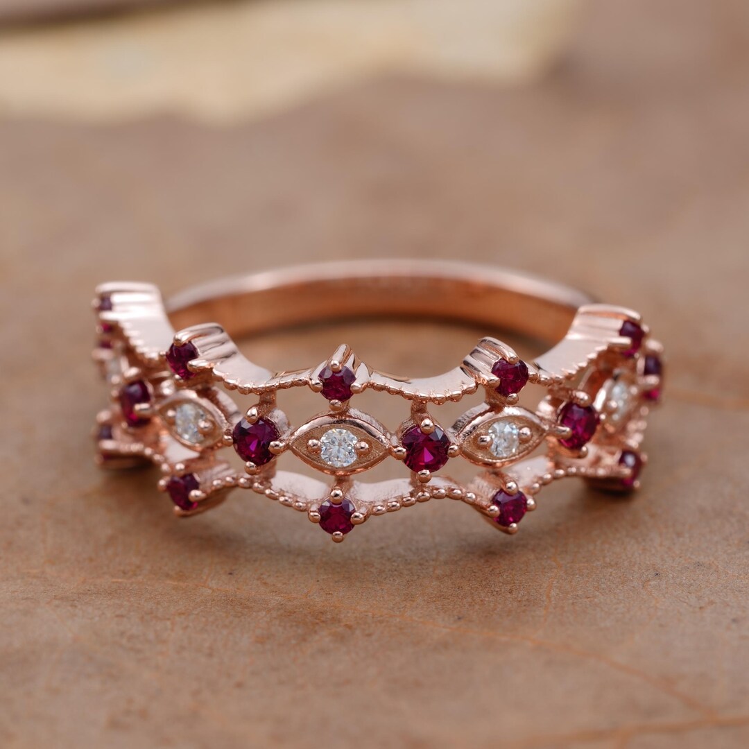 Vintage Ruby Hollow Crown Wedding Ring, Rose Gold Color Silver Matching ...