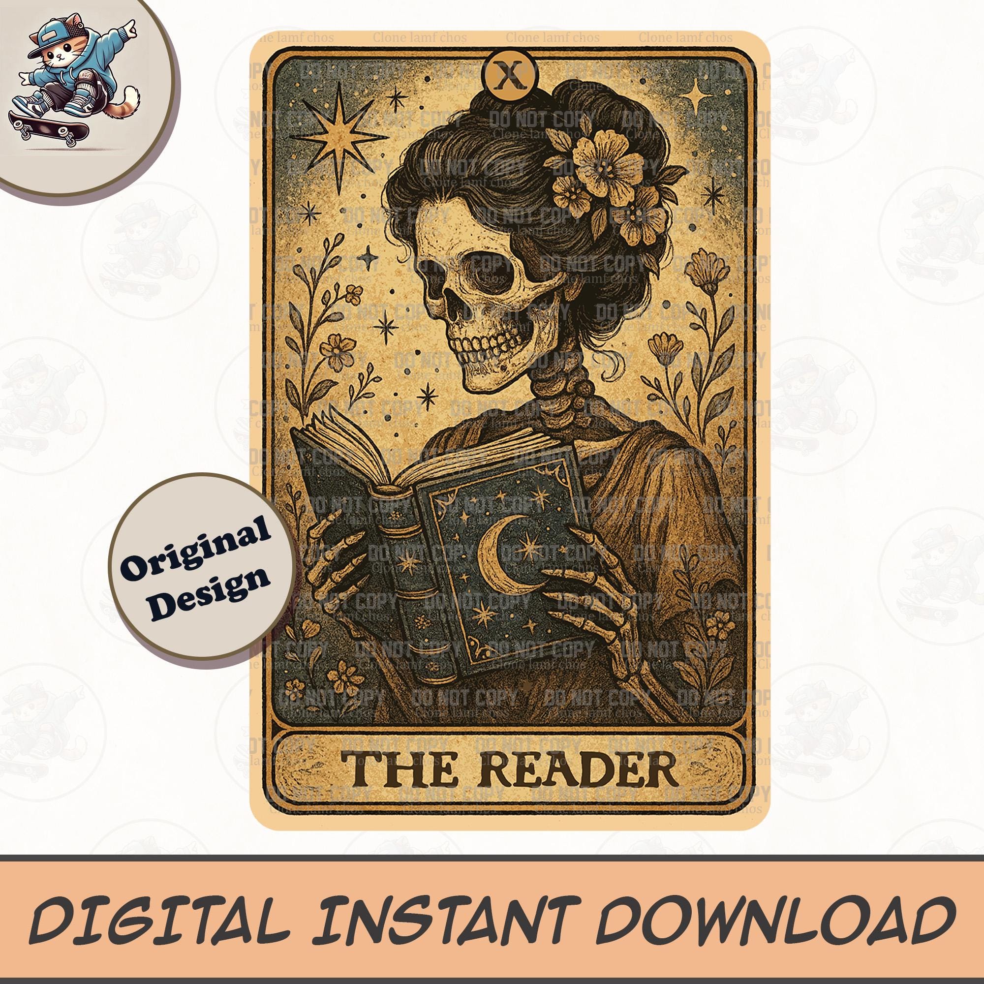 The Reader Tarot Card PNG: Skeleton Book Lover Design (digital Download ...