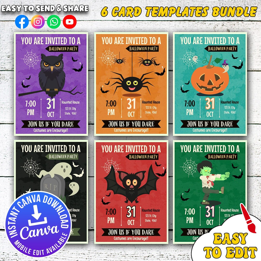 Editable Digital Halloween Party Invitation Bundle, Electronic Phone ...