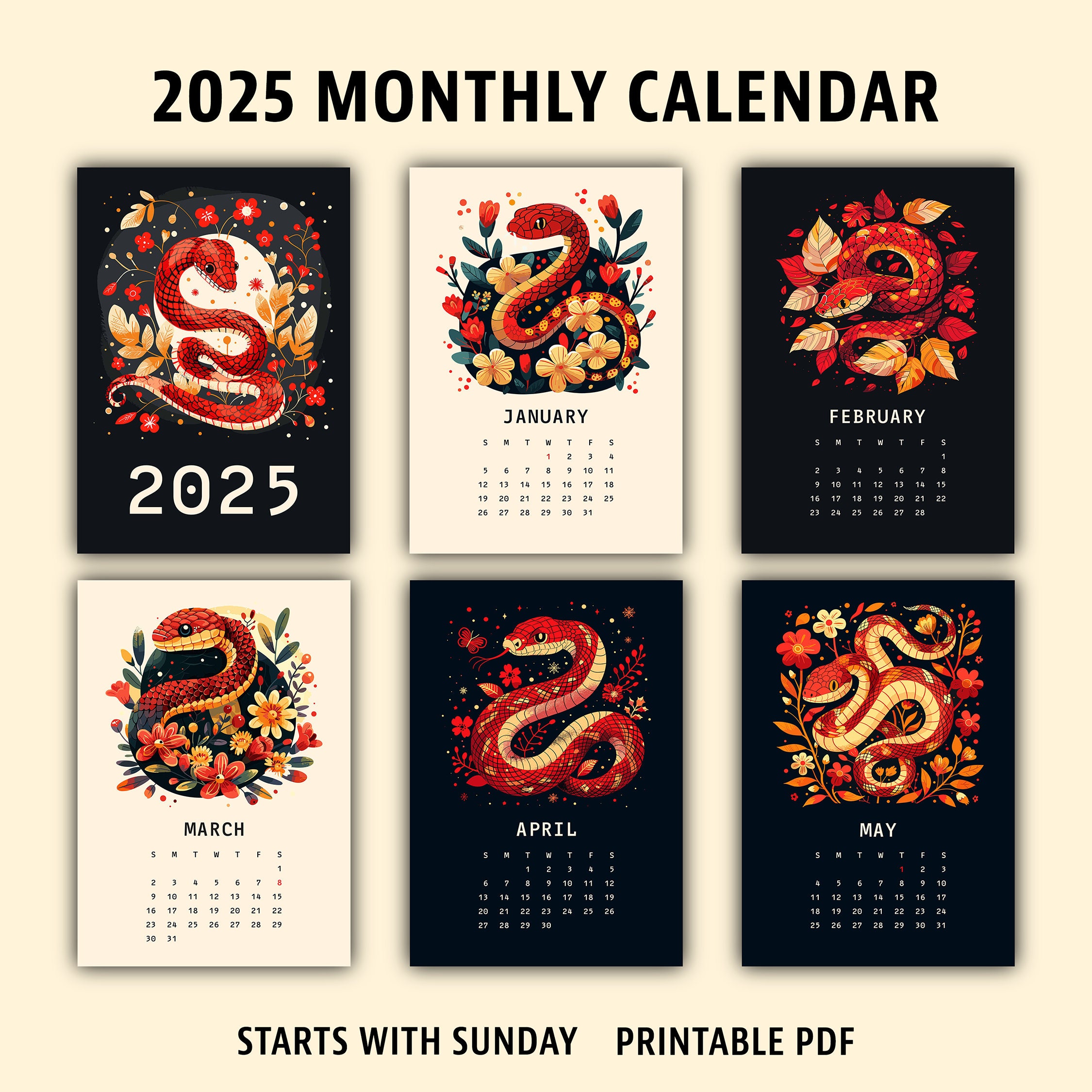 2025 Monthly Calendar With Red Snake Design, Starting With Sundays ...