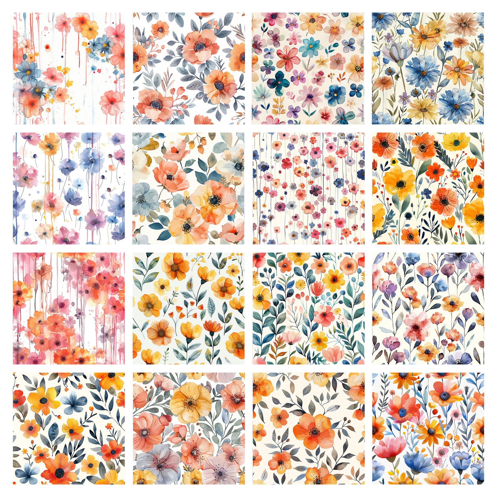 100 Flowers Seamless Pattern, Leaves Digital Paper, Floral Prints ...