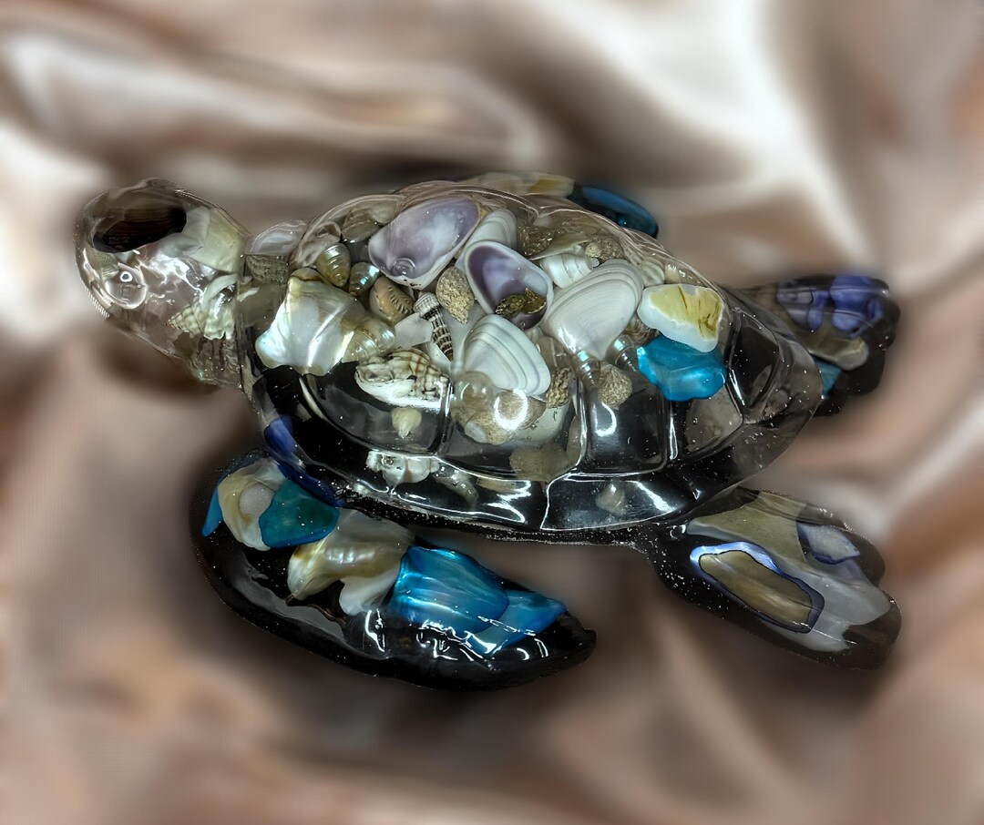 Coastal Serenity, Handmade Resin Turtle With Seashells and Crushed ...