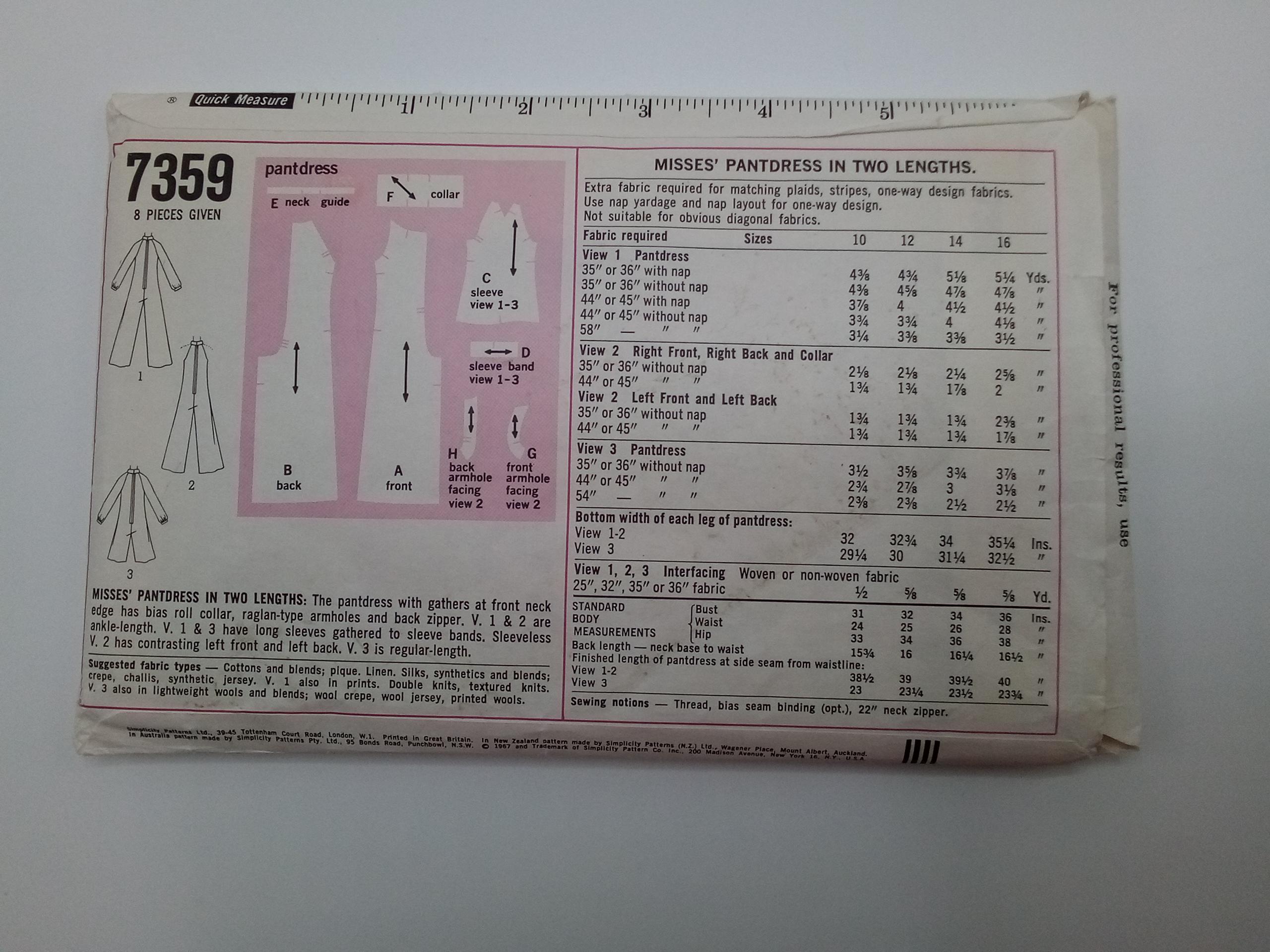 TLC 1967 Pantdress 34 Bust Simplicity 7359 Vintage Sewing Pattern - Etsy