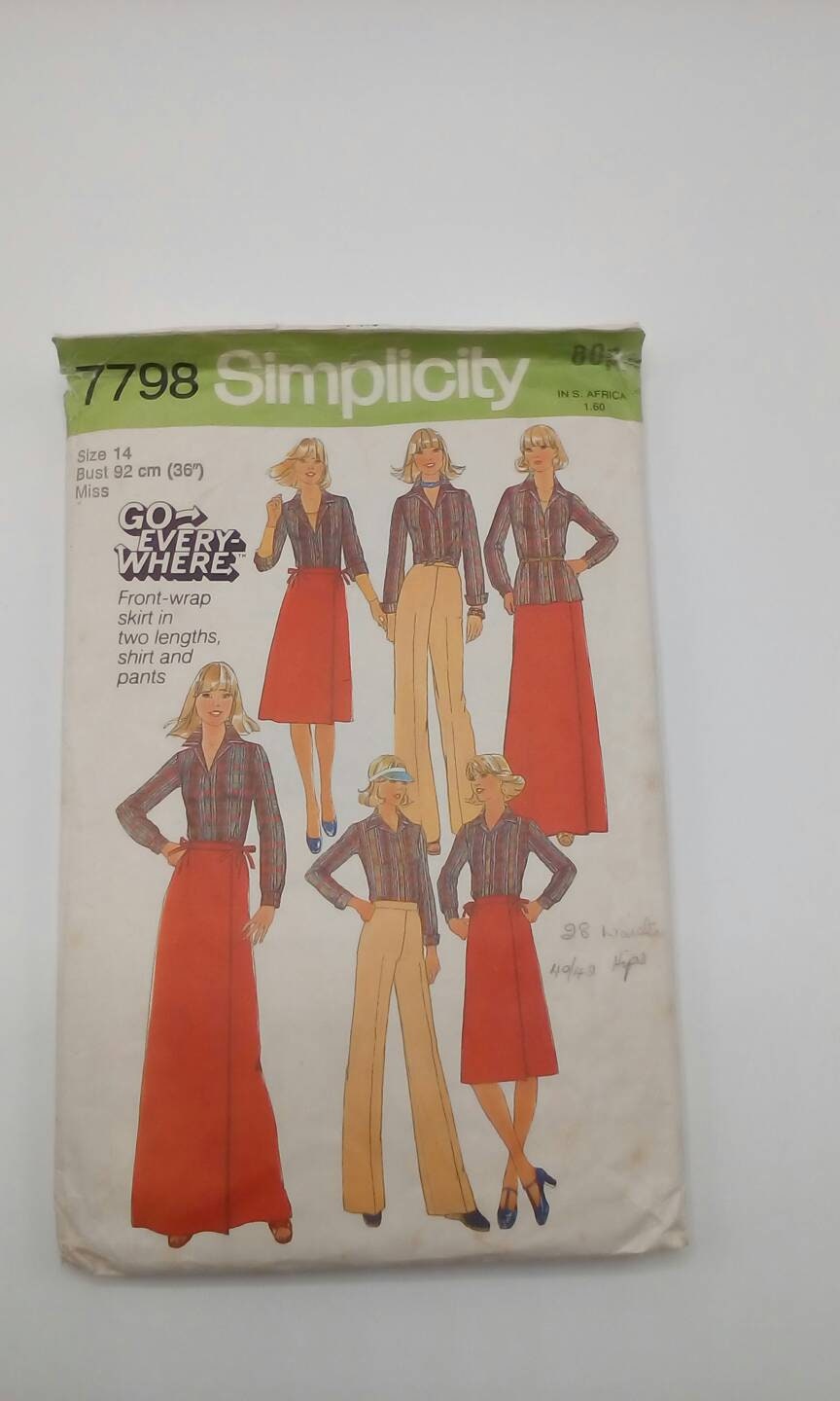 1976 Wrap Skirt, Pants & Shirt 36 Bust Simplicity 7798 1976 Wrap Skirt, Pants & Shirt 36 Bust Simplicity 7798