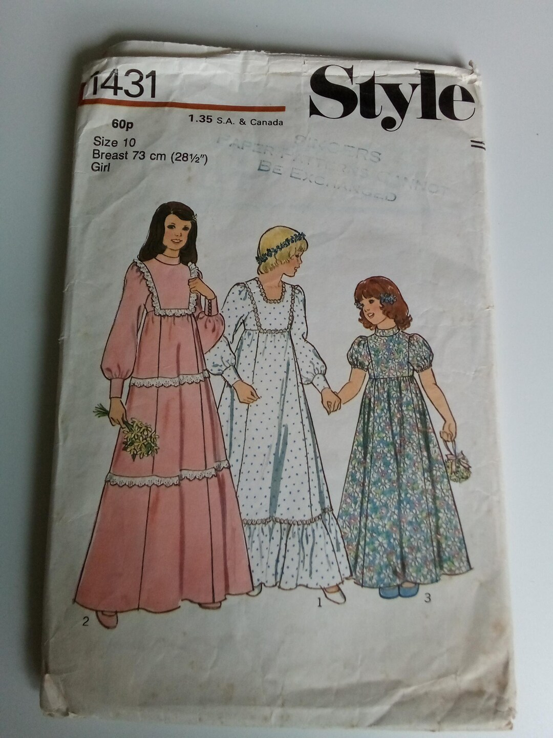 1975 Girls' Bridesmaid Dress Age 10 Style 1431 Vintage Sewing Pattern ...