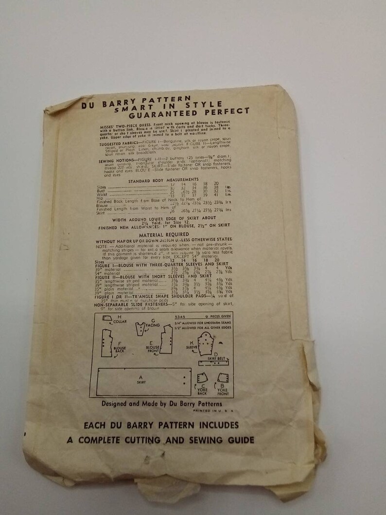 TLC - 1942 Two Piece Dress - 30" Bust - Dubarry 5345 - Vintage Sewing ...