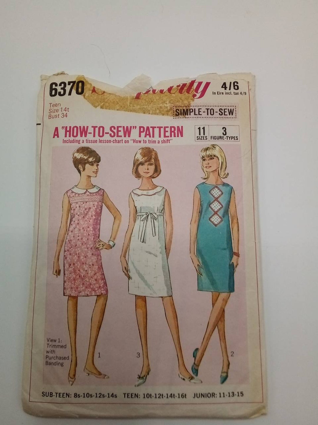 1965 Dress - 34" Bust - Simplicity 6370 - Vintage Sewing Pattern - Etsy ...