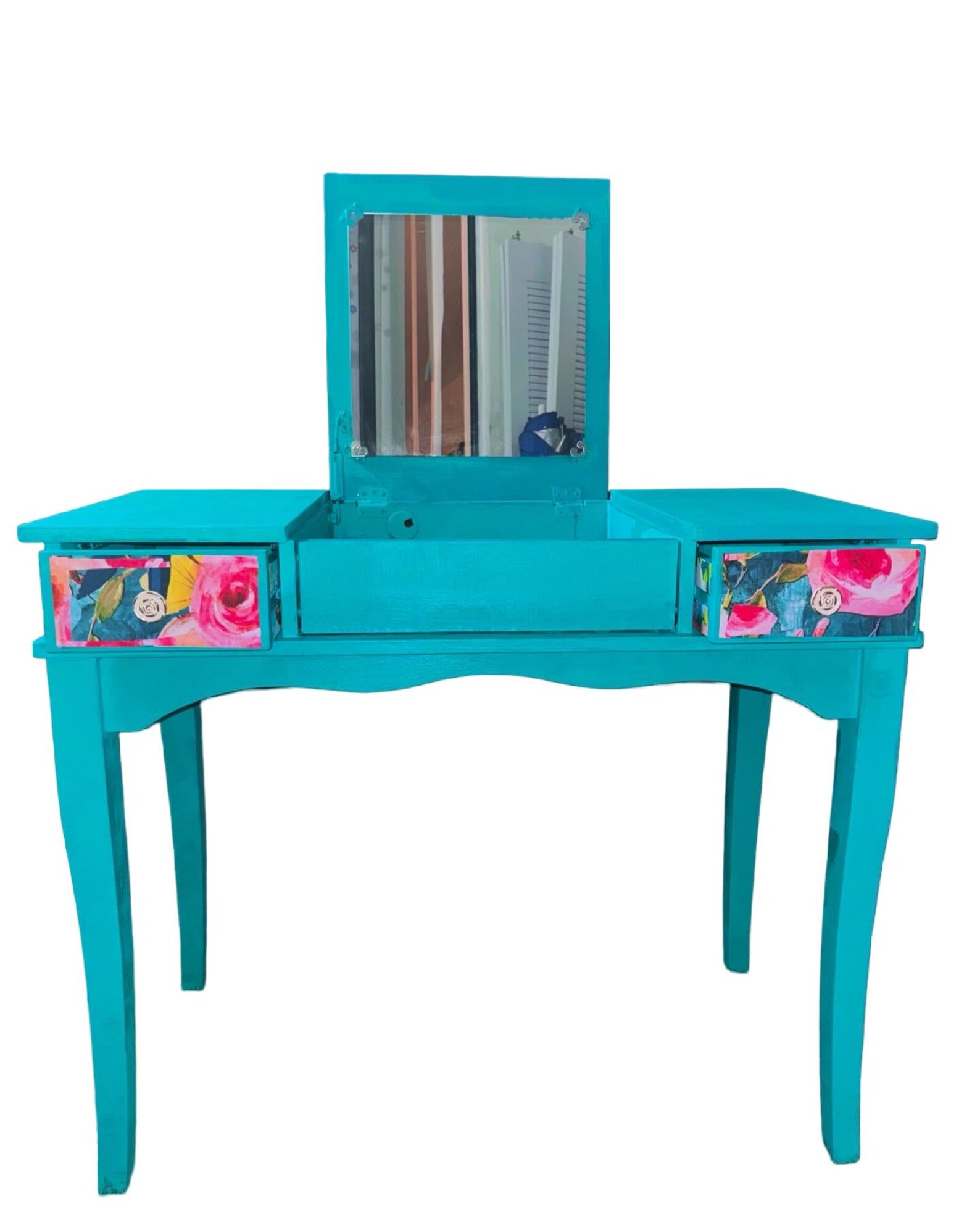 Teal Vanity Desk With Spring Flower Decoupage and Gold Brushed Flower ...