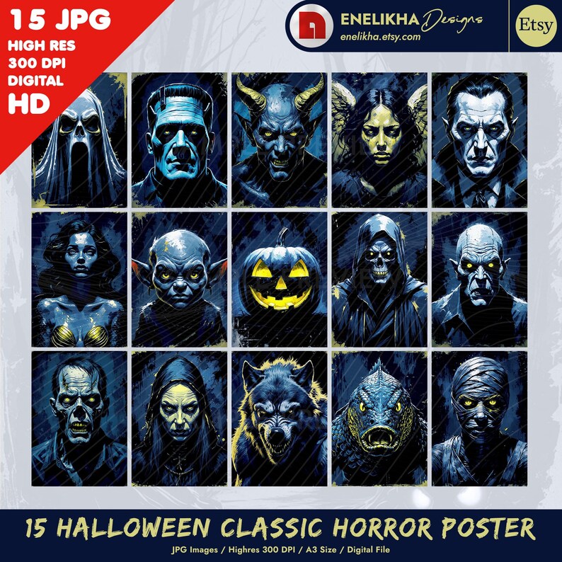 15 Halloween Classic Horror Character Portraits Wall Art Print Poster ...