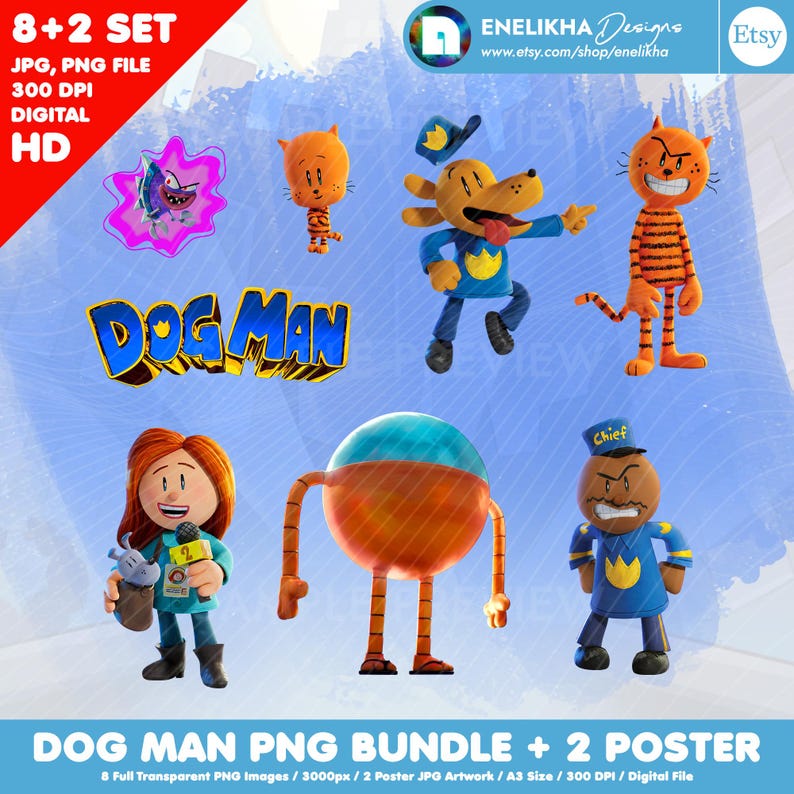 Dog Man Movie Character PNG Bundle: 8 HD Images + 2 A3 Posters (instant ...
