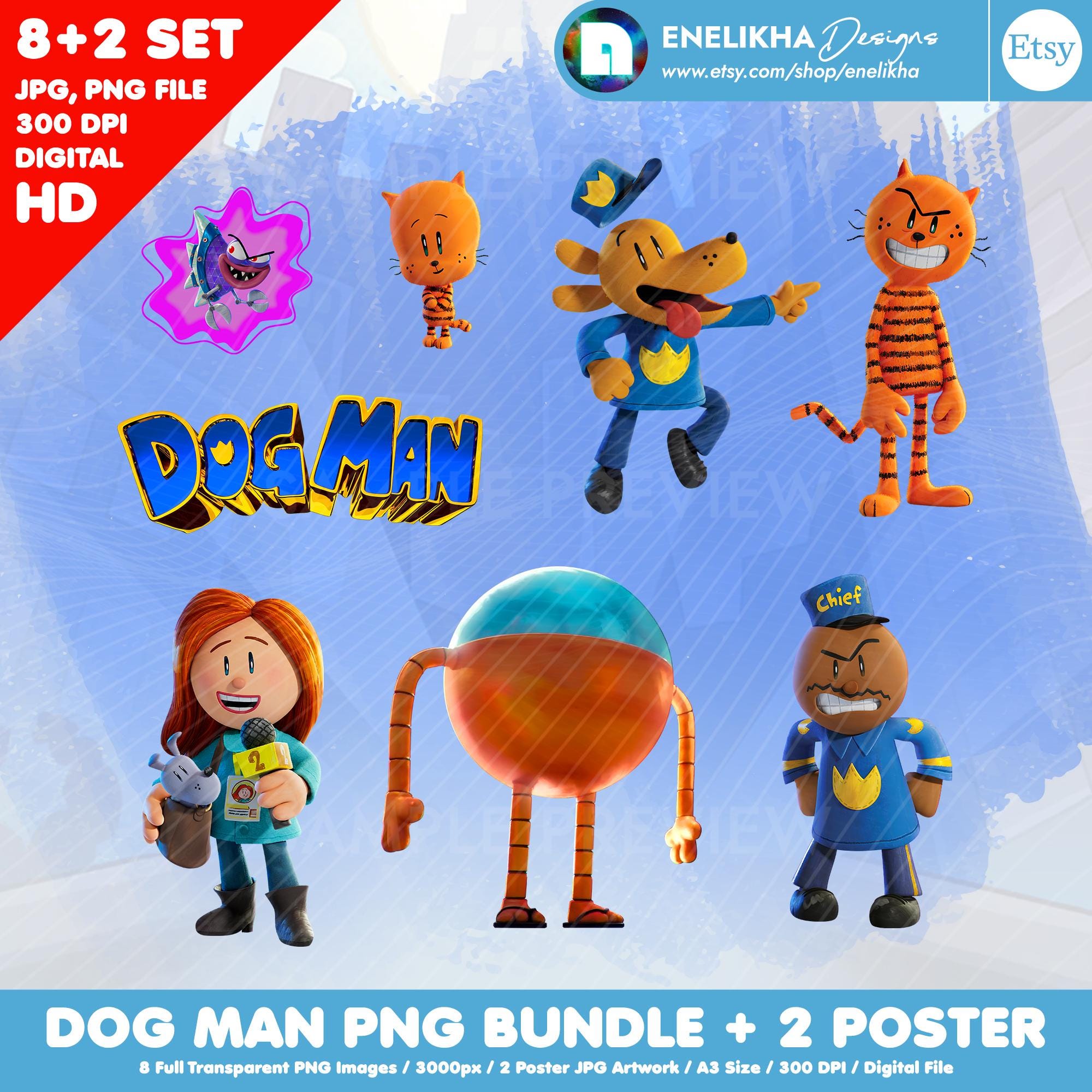 Dog Man Movie Character PNG Bundle: 8 HD Images + 2 A3 Posters (instant ...