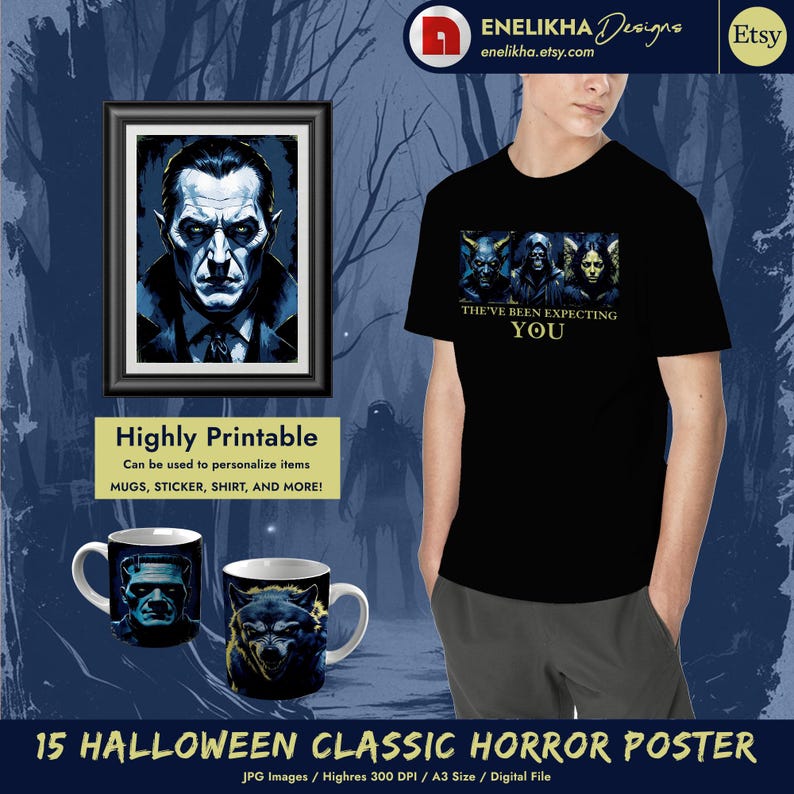 15 Halloween Classic Horror Character Portraits Wall Art Print Poster ...