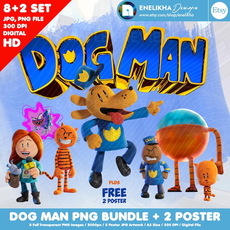 Dog Man Movie Character PNG Bundle: 8 HD Images + 2 A3 Posters (instant ...