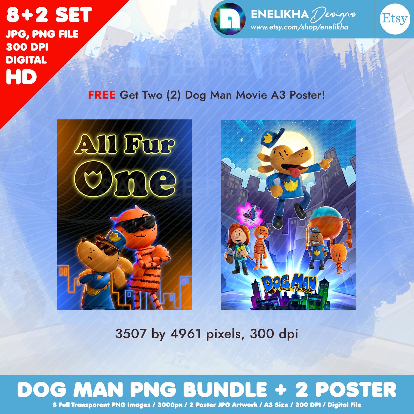 Dog Man Movie Character PNG Bundle: 8 HD Images + 2 A3 Posters (instant ...