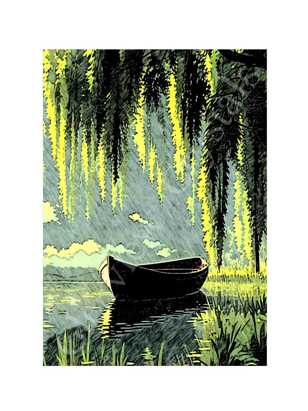 Illustrated Wooden Rowing Boat on A Tranquil Lakeshore Sketch Art ...