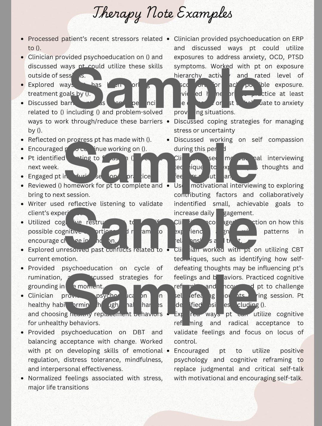 Therapy Interventions List Cheat Sheet, Reference for Progress Note ...