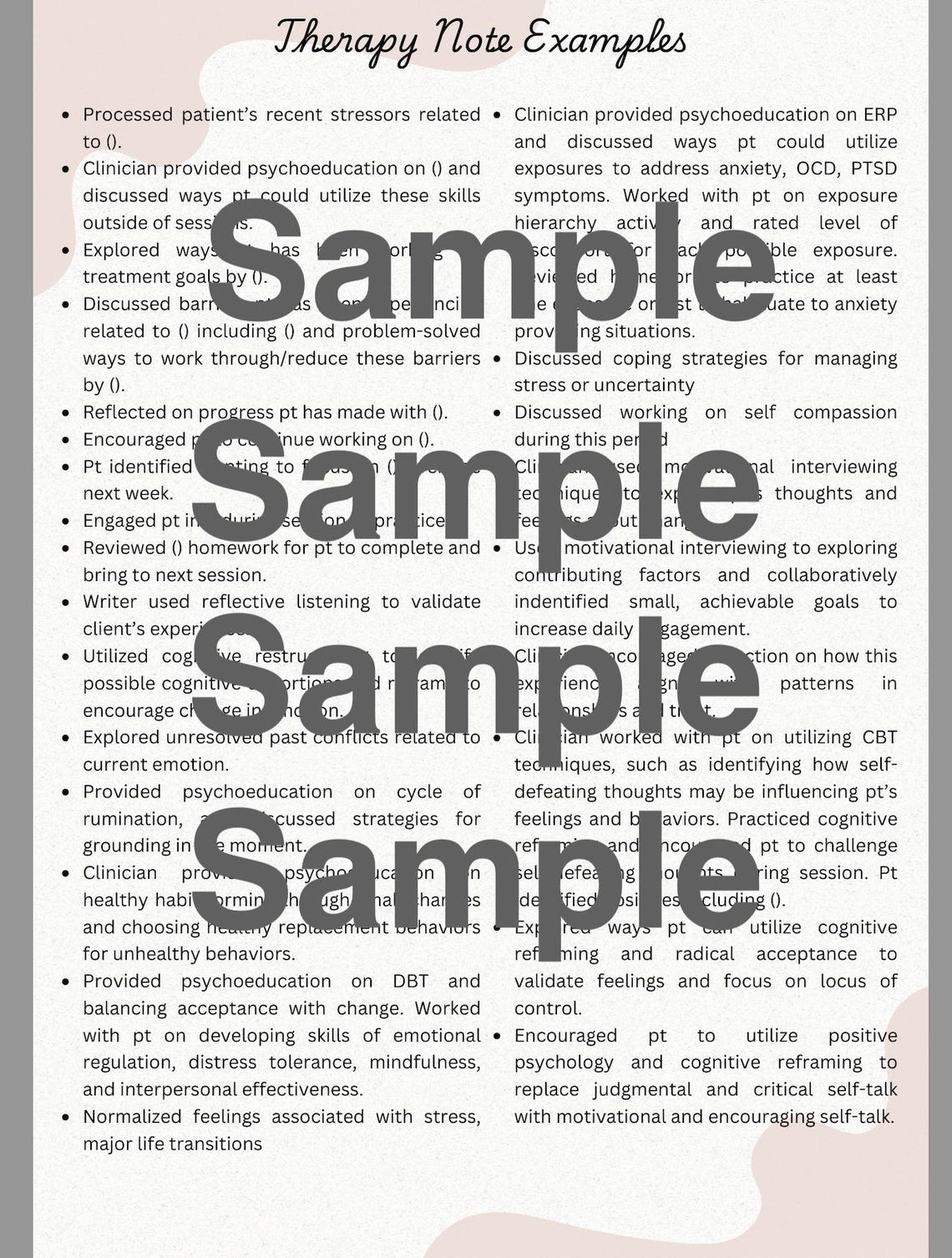 Therapy Interventions List Cheat Sheet, Reference for Progress Note ...