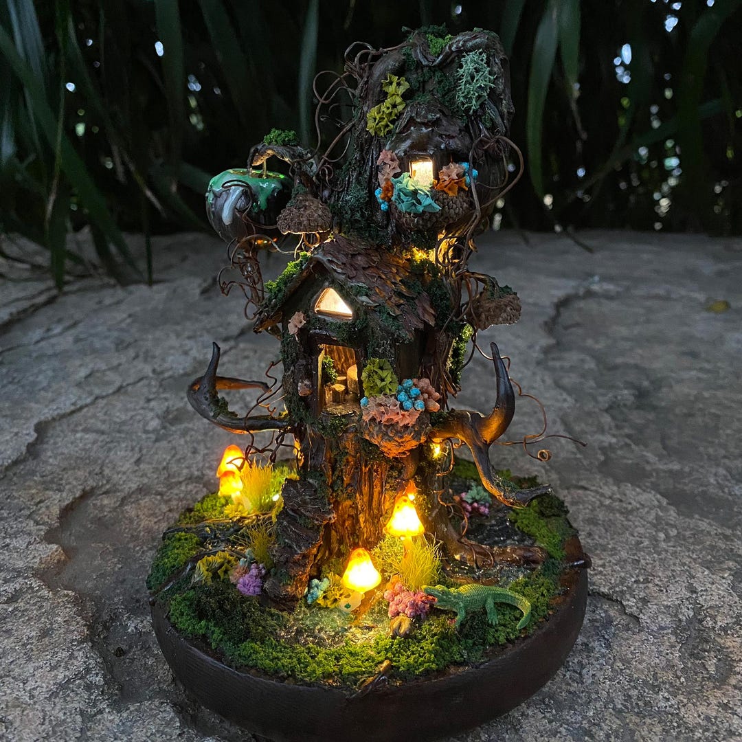 Handmade Light up Fairy House, Tree Stump Fairy House, Wizard Lamp ...