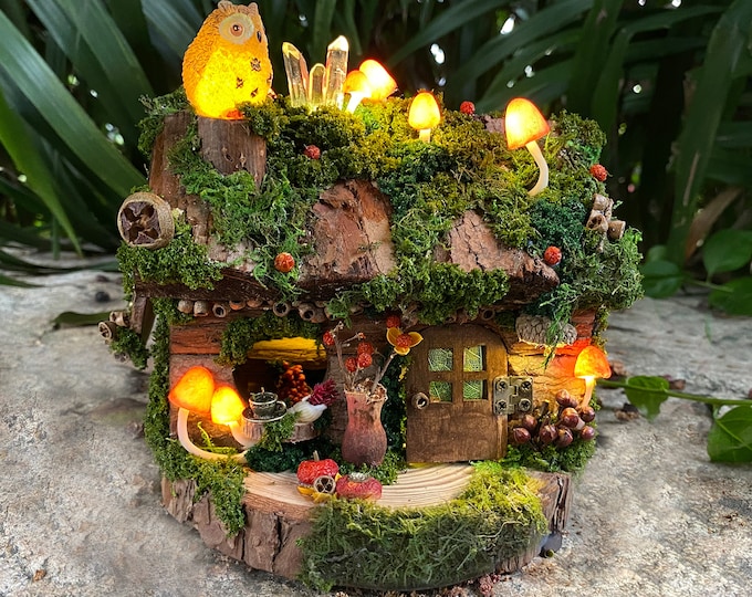 Handmade Pottery Fairy House Night Light: Purple Roof Garden Decor - Etsy