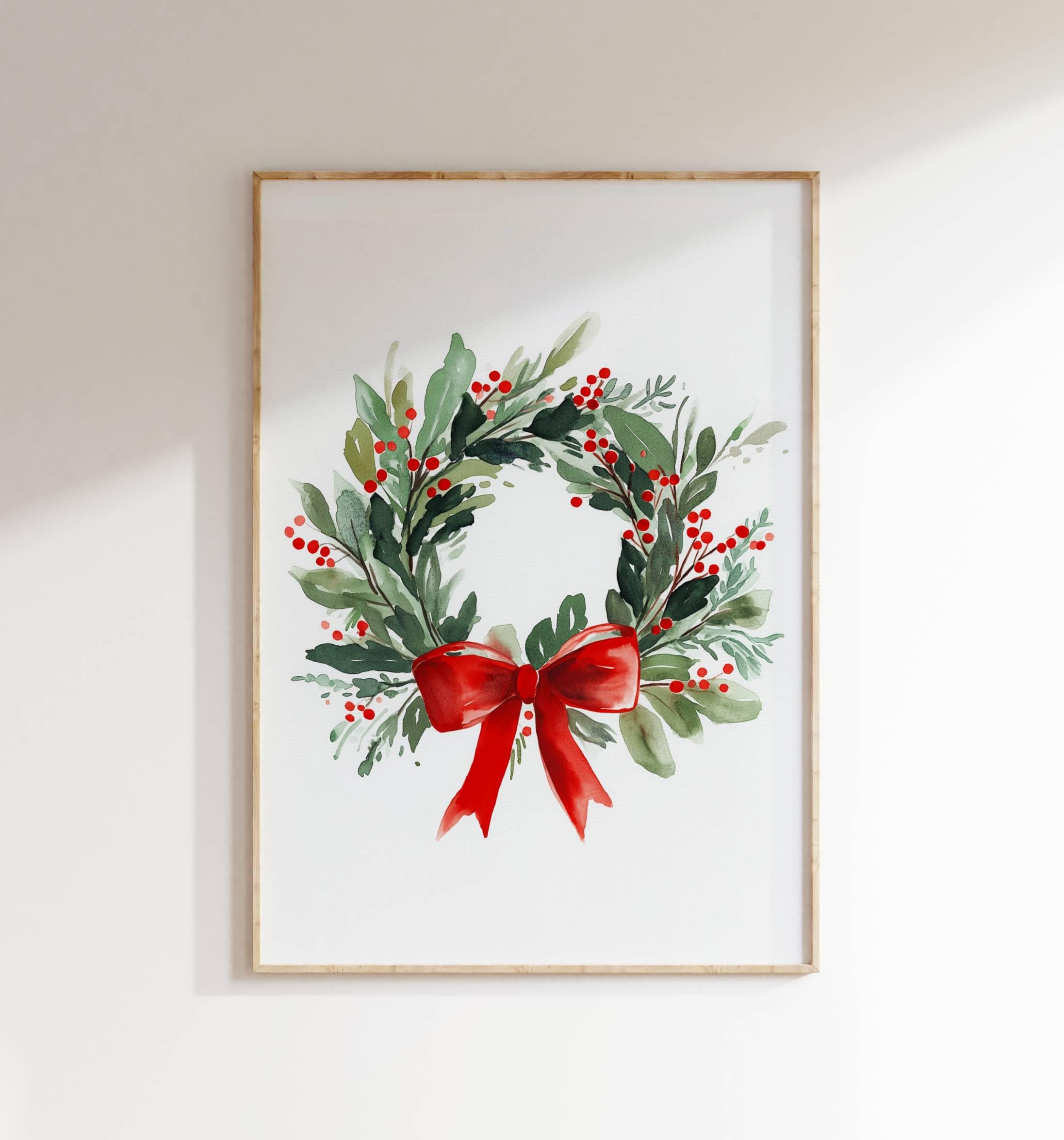 Christmas Wreath Print, Christmas Art Print, Holiday Wall Art, Seasonal ...